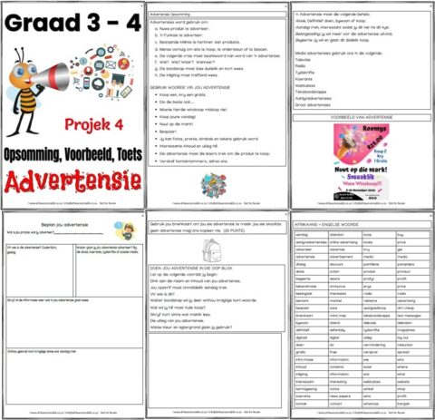 Graad 3,4 Advertensie – Projek 4 – Opsomming, Voorbeeld, Toets plus Afrikaans en Engelse woorde ...